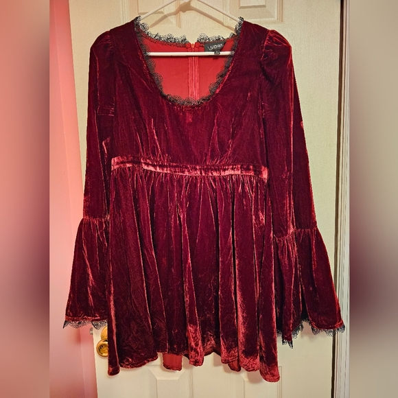 Dresses | Velvet Red Wine Color Dress With Black Lace On Neck And ...